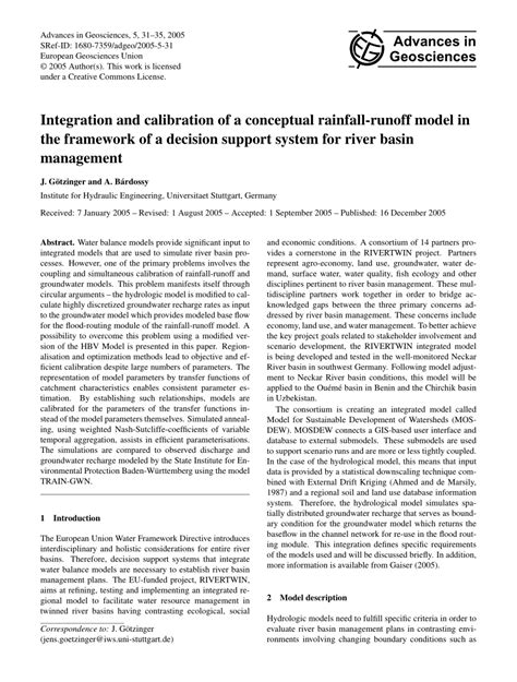 Pdf Integration And Calibration Of A Conceptual Rainfall Runoff Model In The Framework Of A