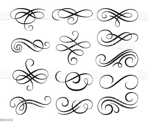 Calligraphic Swirl Filigree Curl Line Flourish Set Stock Illustration Download Image Now