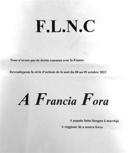 Revendication Du Flnc ‘uc Et 22 De La Nuit Bleue Du 8 Au 9 Octobre 2023 — Corse
