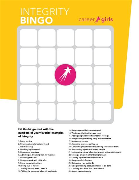 Integrity Bingo Career Girls Group Empowerment Activity