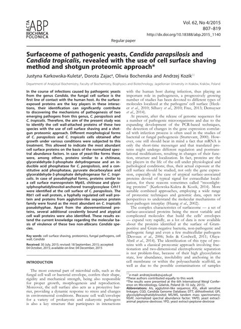 Pdf Surfaceome Of Pathogenic Yeasts Candida Parapsilosis And Candida