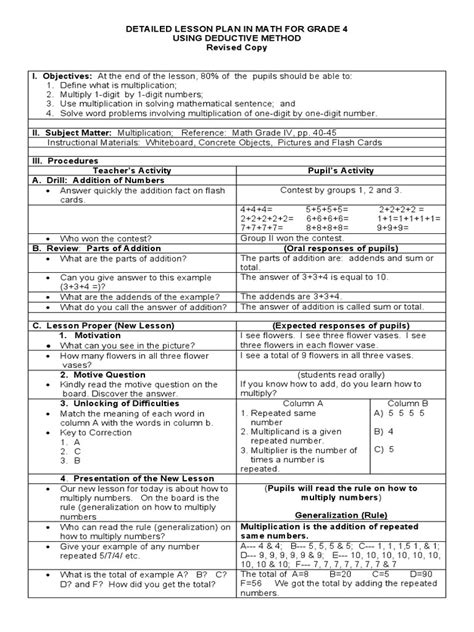 Detailed Lesson Plan In Math Grade 4 Deductive Method Pdf Multiplication Mathematics