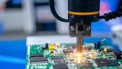 Closeup Of An Automated Machine Soldering A Complex Electronic Circuit Board Sparks Flying