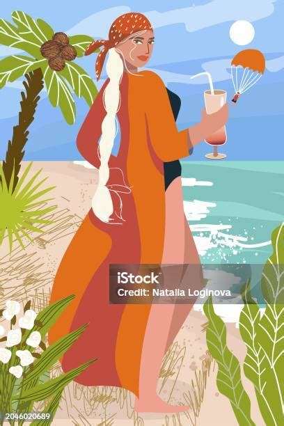 자연 해변 바다 여름 파티를 위한 전단지 순간을 즐기는 배경에서 소녀 여자의 이미지가 있는 세로 엽서 벡터 일러스트 레이 션 손으로 그린 그림입니다 계절에 대한 스톡 벡터