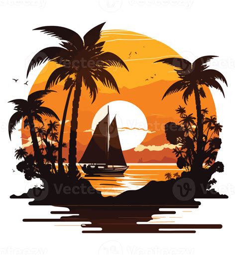 Tropical Island With Sunset Palm Tree And Boat 22584076 Png