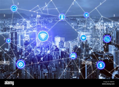 Smart City And Wireless Communication Network Business District With Office Building Abstract