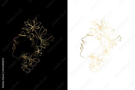 Abstract Face With Flowers By One Line Vector Drawing Portrait Minimalistic Style Botanical