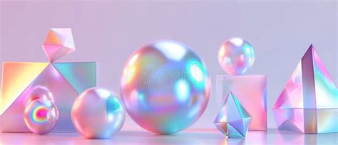 Shimmering Chrome Effect Holographic 3d Shapes Layers And Cubes On A Reflective Surface Stock