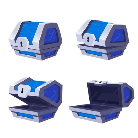 보물 상자 개봉 애니메이션 세트 자물쇠가 있는 빈 파란색 금속 상자의 벡터 삽화 만화 게임 트렁크 또는 흰색 절연 해적 돈에 대 한 안전 Ui 요소 게임 인터페이스