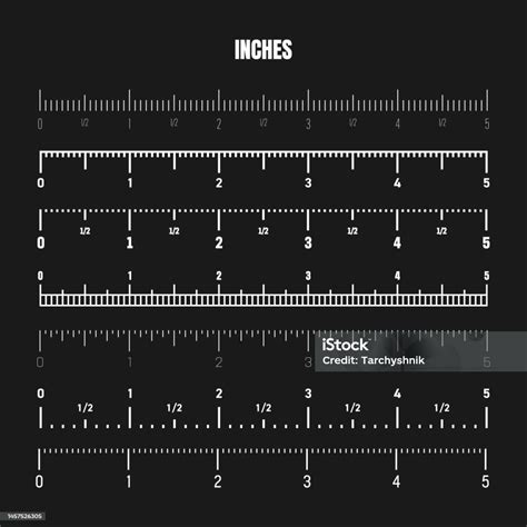 길이 또는 높이를 측정하기위한 사실적인 흰색 인치 스케일 분할이 있는 다양한 측정 스케일 눈금자 테이프 측정 표시 크기 표시기