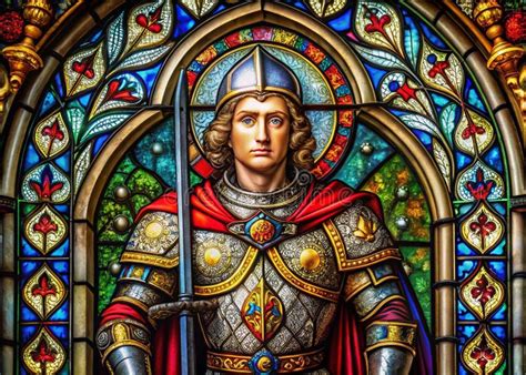 A Majestic Medieval Knight In Stained Glass Fantasy Gothic Arch Window