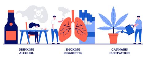 음주 흡연 담배 작은 사람들과 대마초 재배 개념 술 의존 추상 벡터 일러스트레이션 세트입니다 니코틴 중독 마리화나 성장 은유 개념에 대한 스톡 벡터 아트 및 기타 이미지