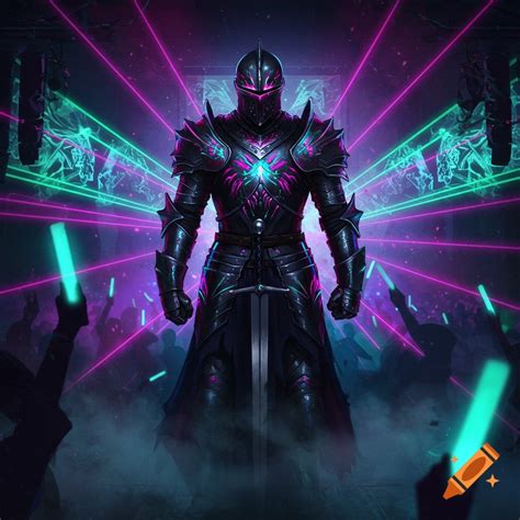 A Knight In Glowing Black And Neon Armor Stands Amidst Purple And Green