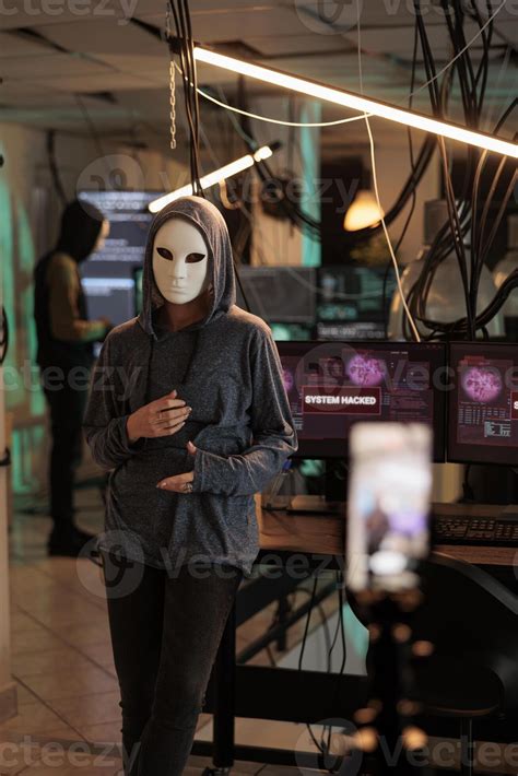 Online Criminal In Mask Recording Asking Victim For Money Internet Fraud Cyber Scam