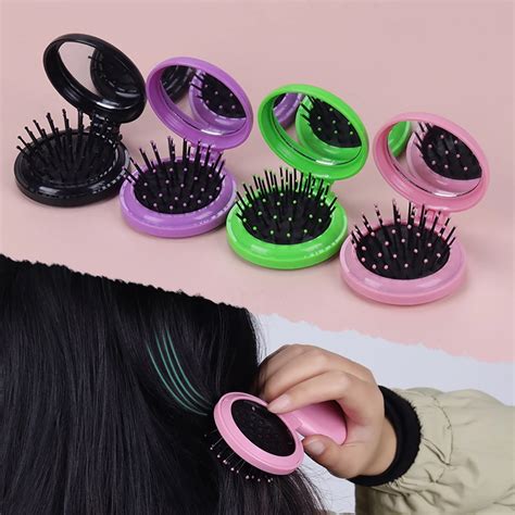 접이식 마사지 헤어 브러시 라운드 미니 에어백 빗 거울 여행 헤어 브러시 메이크업 빗 4 색 1 개 Aliexpress