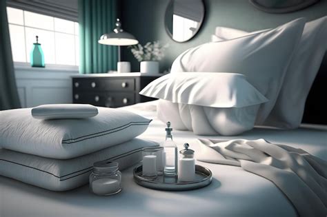 Premium Ai Image White Pillows On The Bed In A Luxurious Hotel Neural Network Ai Generated
