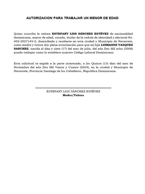 Autorización Laboral Para Menor Pdf