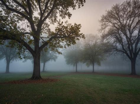 A Foggy Day With Trees And Grass And A Red Path Premium Ai Generated