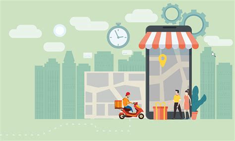 개념 온라인 배달 서비스 온라인 추적 방문 페이지를 추적 작은 사람 배달 남자 남자와 여자 구매자 패키지 배달 스마트폰 지도 스톱 워치와 스쿠터 인터넷 배달 아이디어 벡터