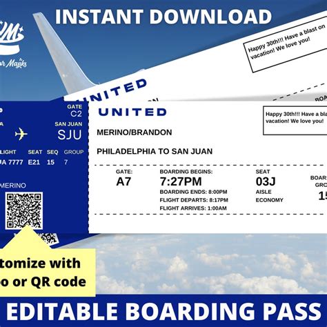 United Airlines Ticket Template Etsy