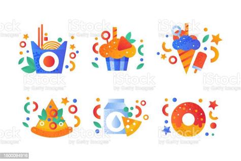 음식 스낵 플랫 아이콘과 국수 컵케이크 아이스크림 피자 도넛 벡터 세트가 있는 픽토그램 국수에 대한 스톡 벡터 아트 및 기타 이미지 Istock