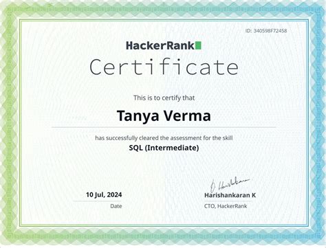 🌟 Thrilled To Announce That Ive Achieved The Sql Intermediate Certification From Hackerrank