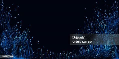 어두운 배경에 흐르는 파란색 선과 입자를 특징으로 하는 추상 디지털 일러스트레이션으로 기술 미래 지향적인 디자인 및 현대적인