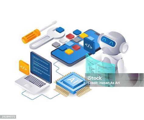 로봇 인공 지능 만들기 스마트 폰 앱 기술 인포 그래픽 평면 아이소 메트릭 3d 일러스트 등측투영법에 대한 스톡 벡터 아트 및 기타 이미지 등측투영법 로봇 3차원