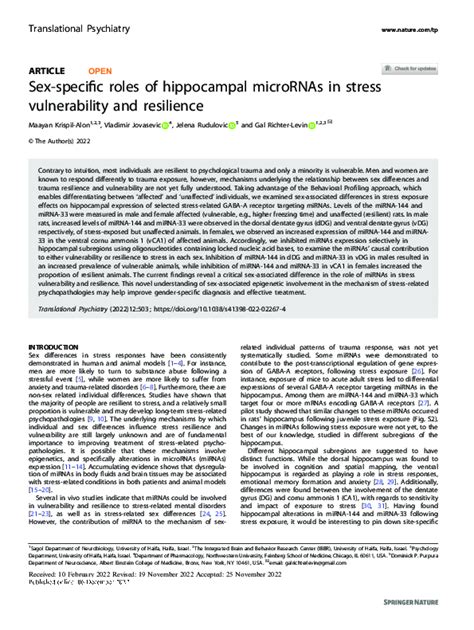 Pdf Sex Specific Roles Of Hippocampal Micrornas In Stress