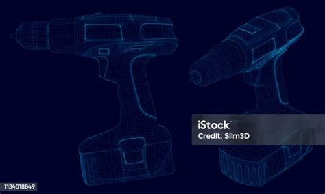 어두운 배경에 파란색 선 드릴의 와이어 프레임으로 설정 합니다 사이드 뷰 및 아이소메트리 3d 벡터 일러스트 와이어 프레임 모델에 대한 스톡 벡터 아트 및 기타 이미지