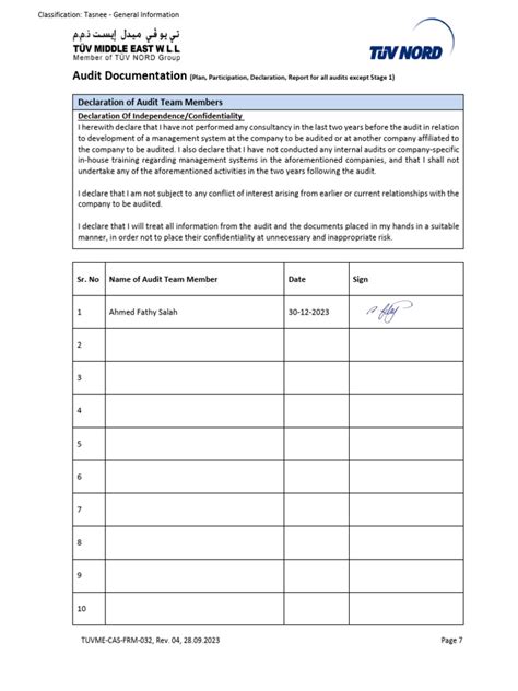 Declaration Of Audit Team Members Pdf