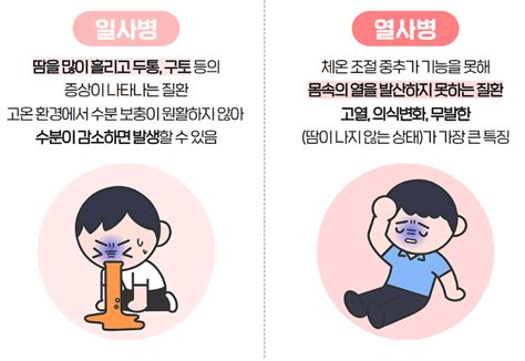 열사병 일사병 온열질환 40도 몸 단백질 변성 땀이 나지 않는 무발한 상태 열사병 Heat Stroke 일사병 Heat Exhaustion 열경련 Heat Cramp