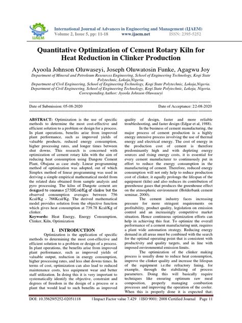 Quantitative Optimization Of Cement Rotary Kiln For Heat Reduction In Clinker Production Pdf