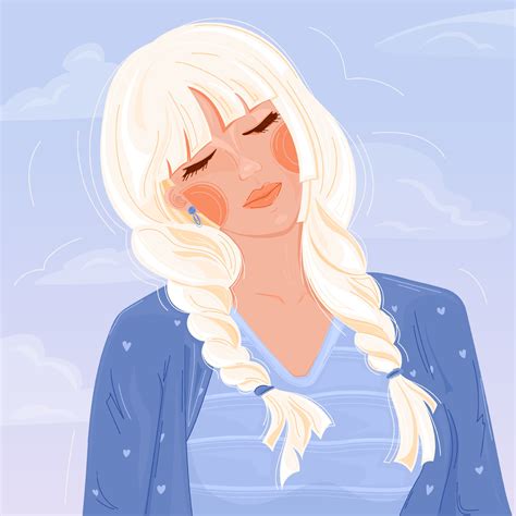Vector Illustration Of Girl With Closed Eyes With Sky On Background Blond Haired Beautiful