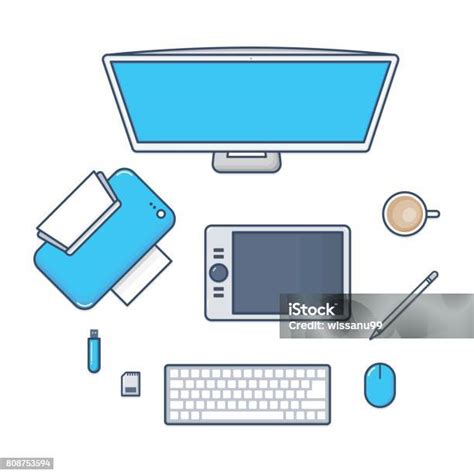 Pc 컴퓨터 프린터 책상 기술의 설정 마우스 펜 키보드 Flashdrive Sd 카드 플랫 라인 디자인 아이콘 벡터
