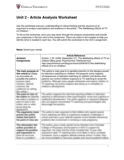 Article Analysis Worksheet Answer Key