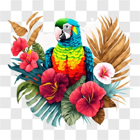 Download Colorful Parrot On Tropical Flowers And Leaves Pngs Online