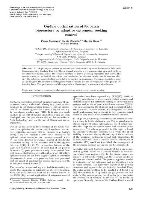 Pdf On Line Optimization Of Fedbatch Bioreactors By Adaptive Extremum