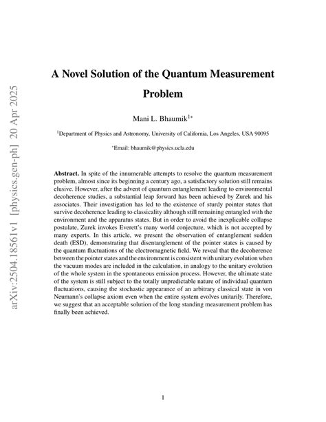 Pdf A Novel Solution Of The Quantum Measurement Problem