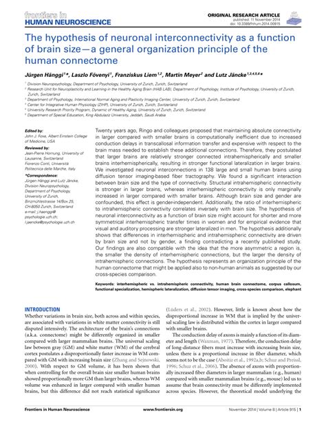 Pdf The Hypothesis Of Neuronal Interconnectivity As A Function Of