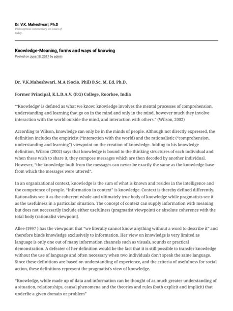 Knowledge-Meaning, Forms and Ways of Knowing - Dr. V.K. Maheshwari, PH.D | PDF | Knowledge | Reason