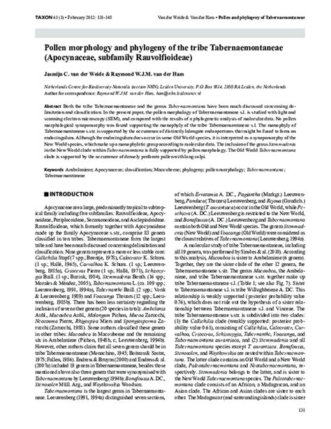 Pdf Pollen Morphology And Phylogeny Of The Tribe Tabernaemontaneae
