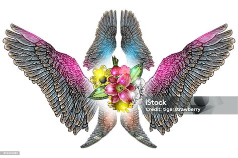 백합 장미와 Chamomiles 아름 다운 그림 꽃 그리고 새 들이 날개 Blackwork 문신 플래시 스타일 손 그리기 개념 화려한 유행 천사 날개와 우아한 빈티지 꽃