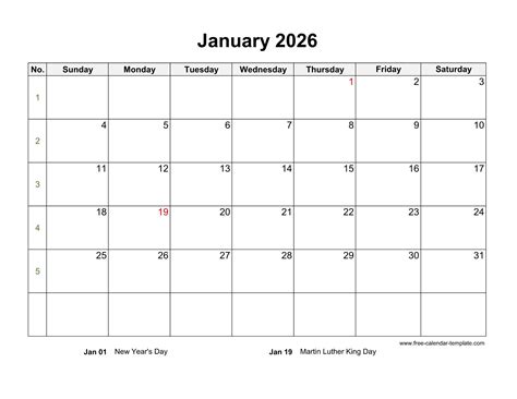 Free 2026 Calendar Blank Monthly Template Horizontal Free Calendar