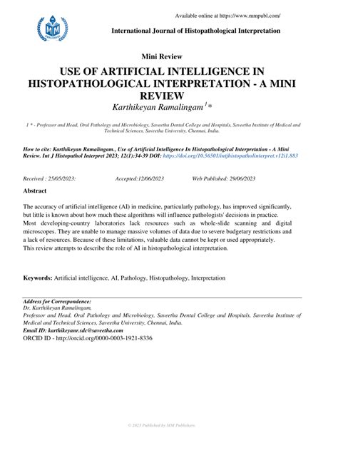 Pdf Use Of Artificial Intelligence In Histopathological Interpretation A Mini Review