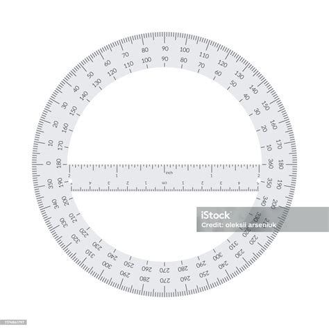 미터법 및 영국식 단위의 눈금자를 가진 종이 원형 각도기 360도 촬영에 대한 스톡 벡터 아트 및 기타 이미지 360도 촬영 각도기 0명 Istock