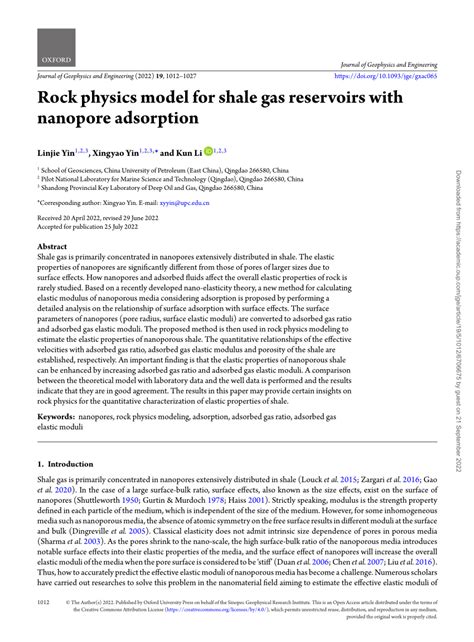 Pdf Rock Physics Model For Shale Gas Reservoirs With Nanopore Adsorption