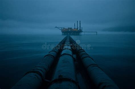 Pipelines Leading To Offshore Oil Rig At Dusk Stock Illustration