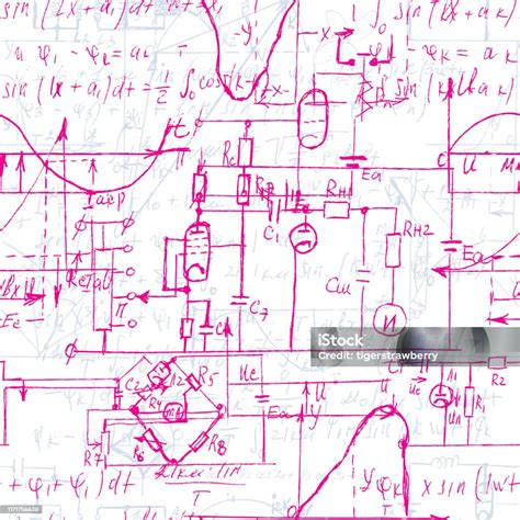 필기 수학 및 물리적 수식 전자 부품 회로도 및 장치의 회로와 과학적인 원활한 배경 전기 패턴입니다 벡터 개발에 대한 스톡 벡터