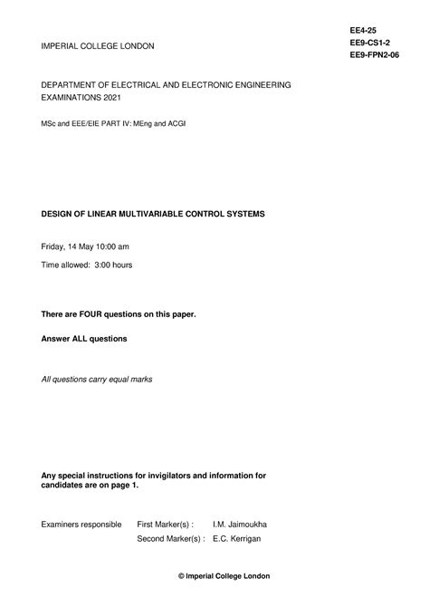 2021 design of linear multivariable control systems past paper 2021